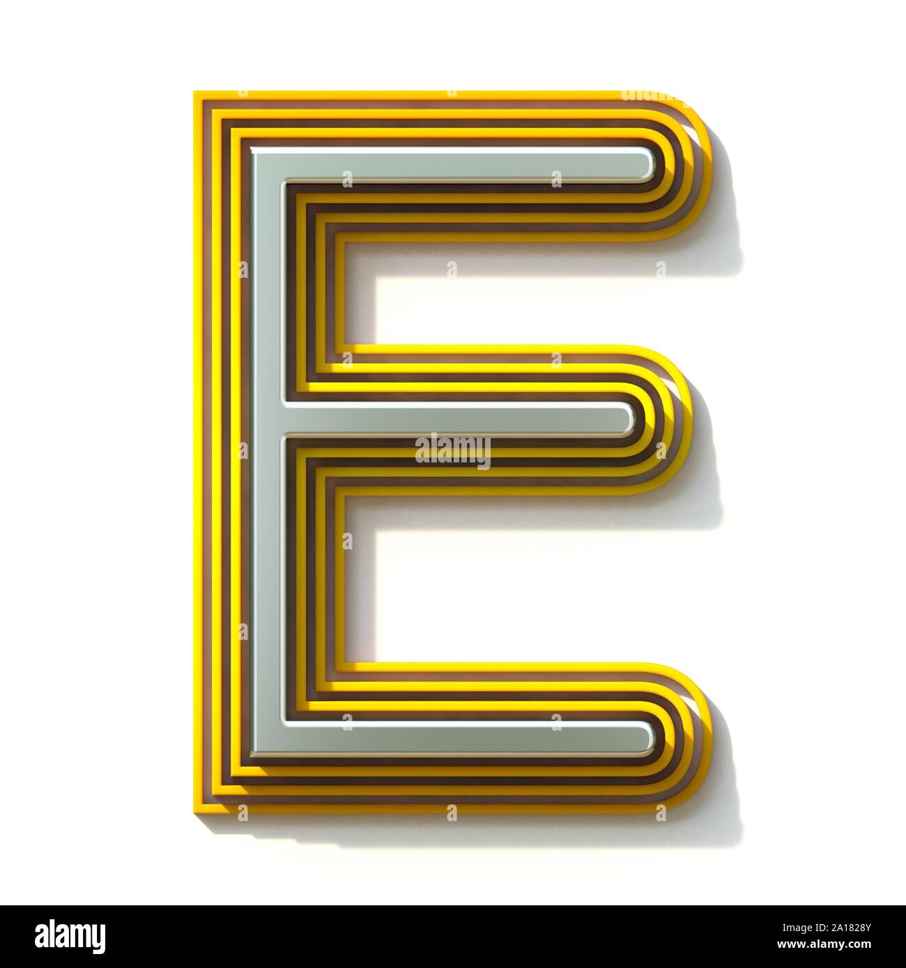 Yellow outlined font letter E 3D render illustration isolated on white ...