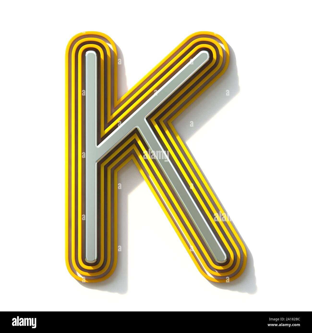 Yellow outlined font letter K 3D render illustration isolated on white ...