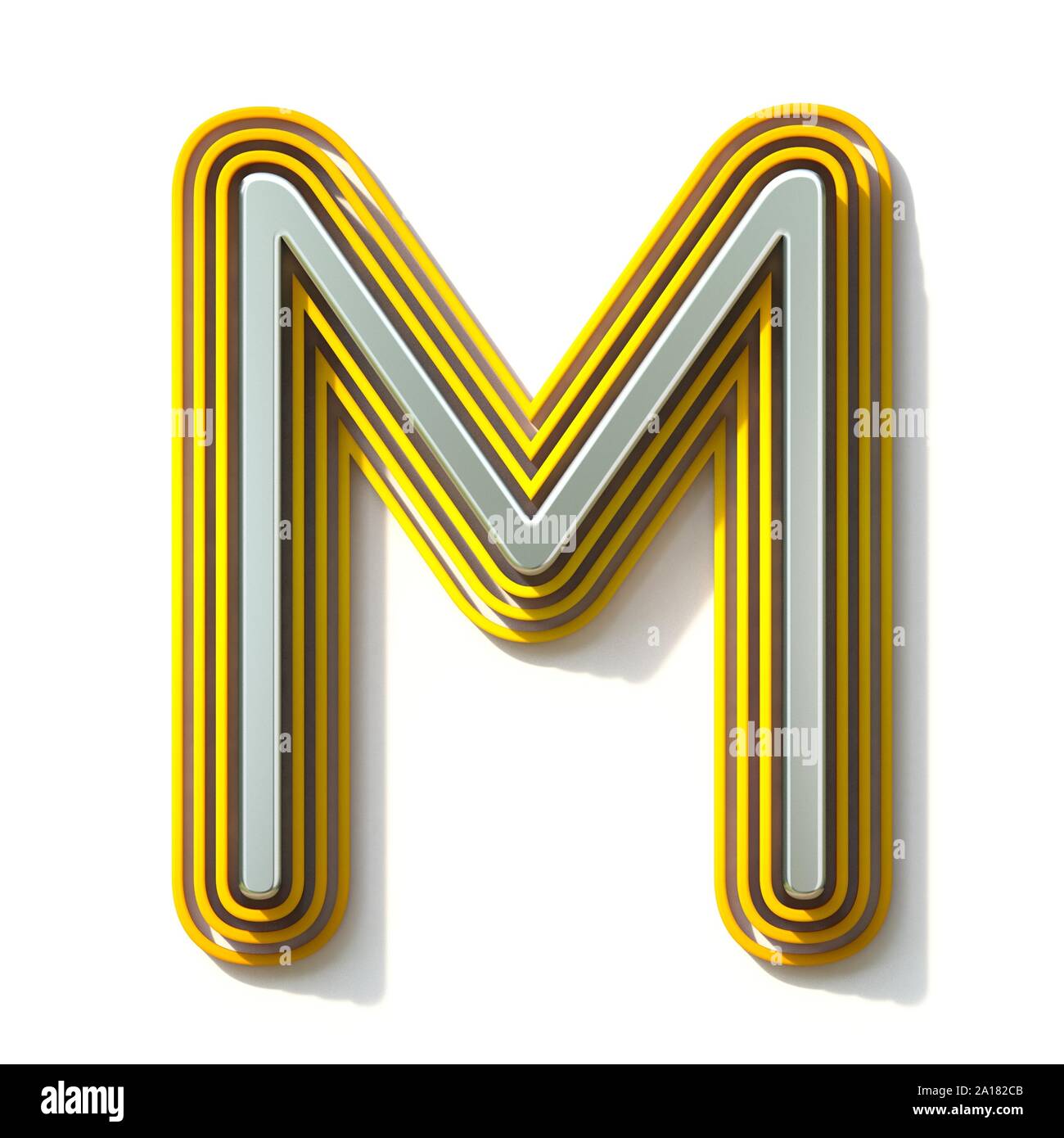 Yellow outlined font letter M 3D render illustration isolated on white ...