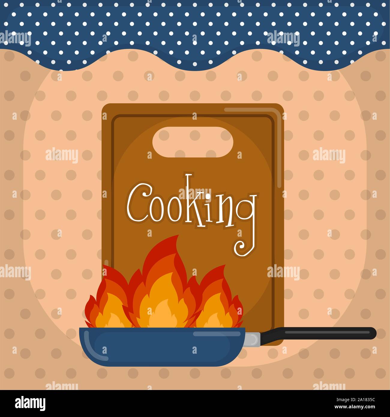 Cooking poster illustration. Wooden cutting board with a flames in a ...
