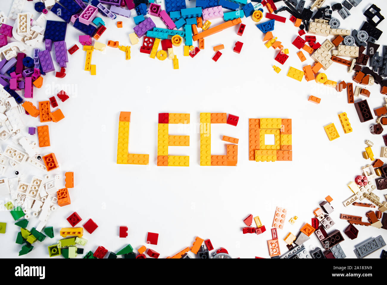 Moscow, The Russia - September 24, 2019: word LEGO on white table from ...