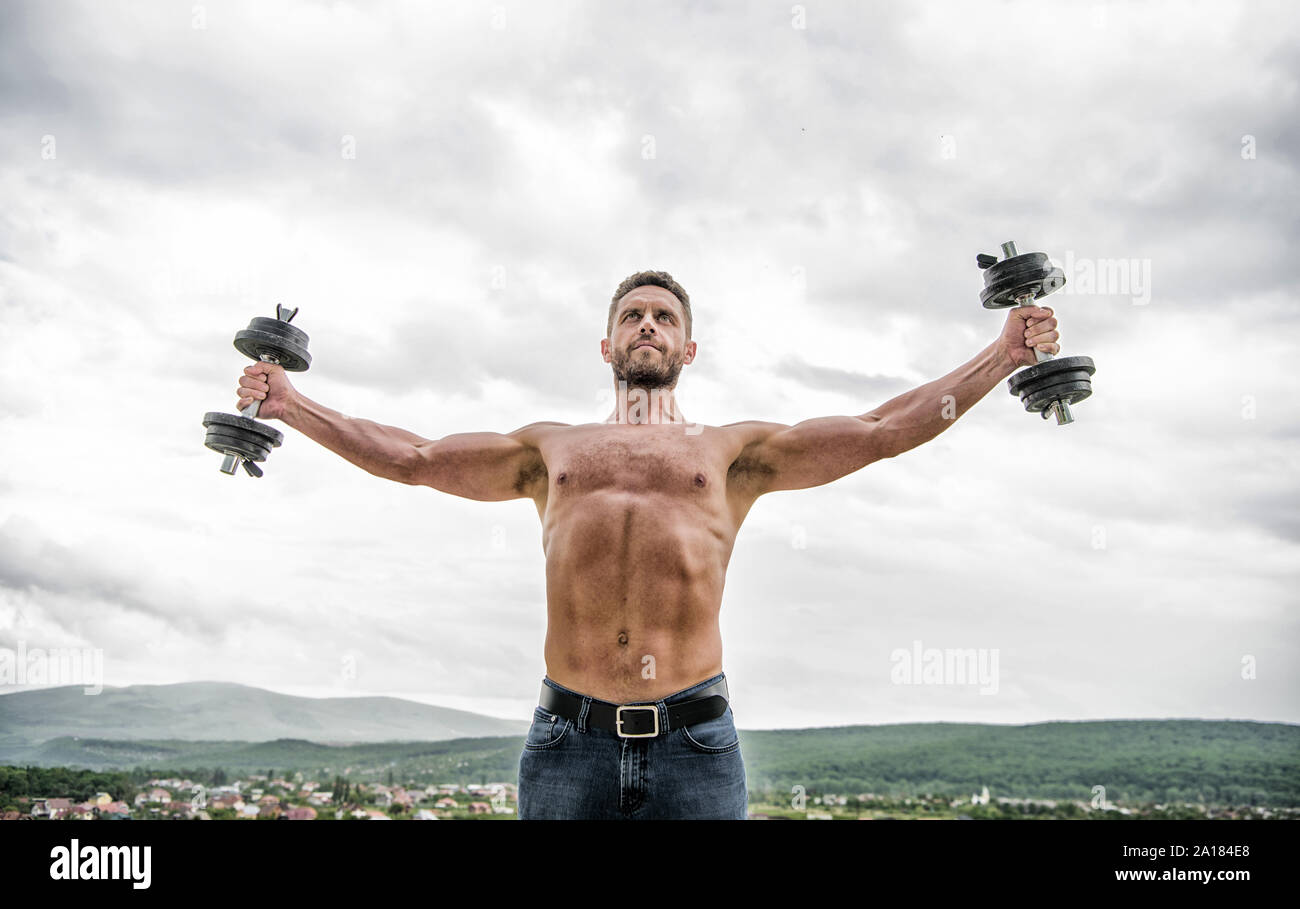 Morning workout. fitness and sport equipment. success. Perfect biceps ...