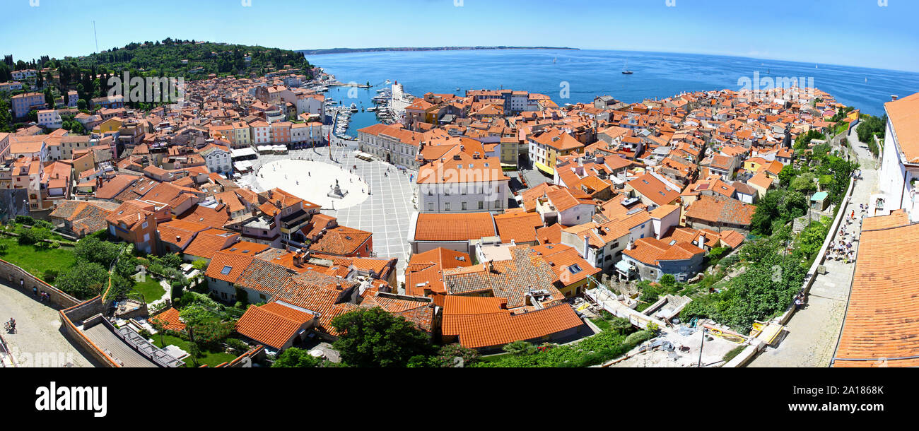 Panoramic aerial view of Piran old town and Gulf of Piran on Adriatic ...