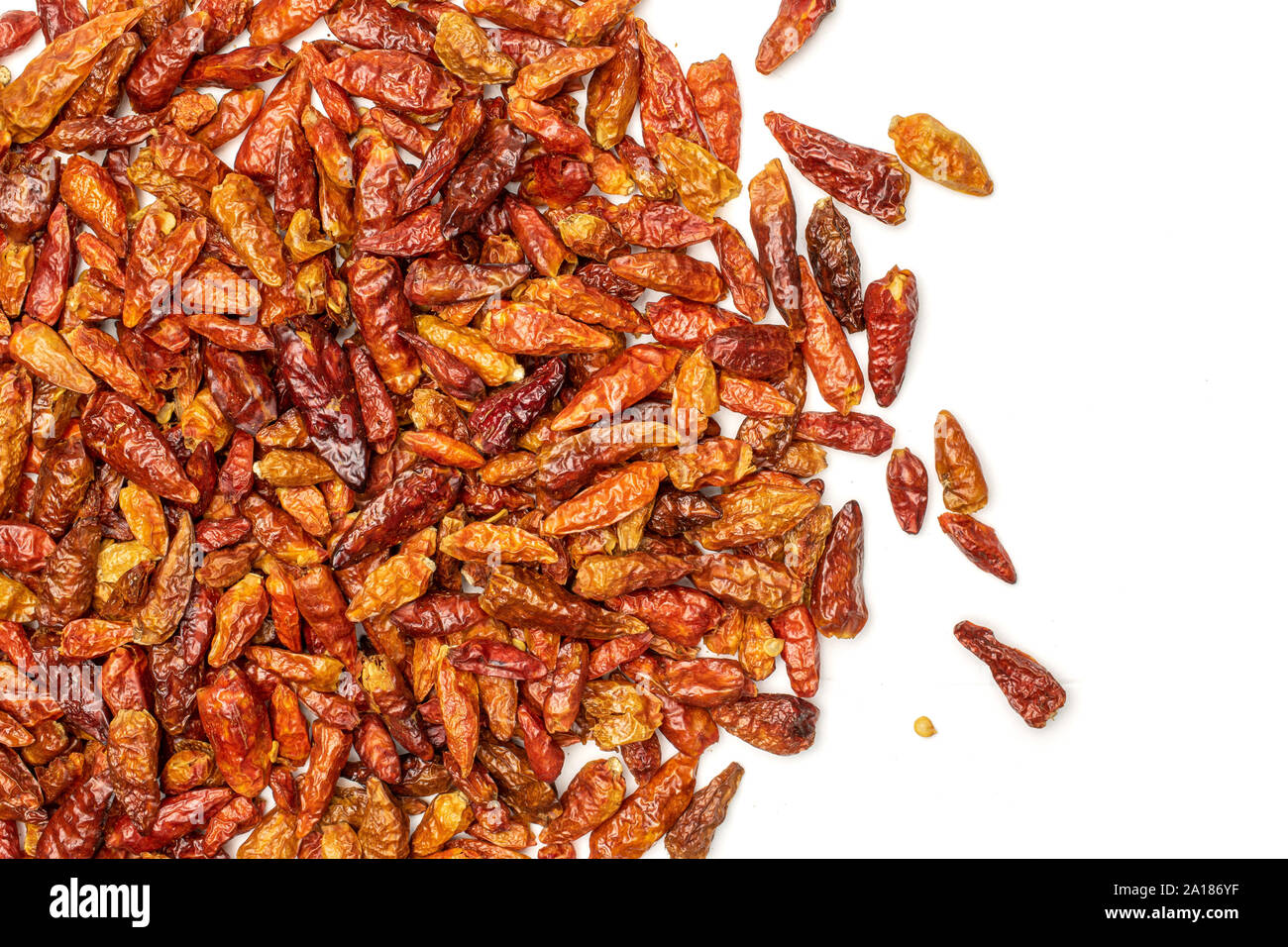 Lot of whole dry red chili pepper peperoncino copyspace flatlay ...