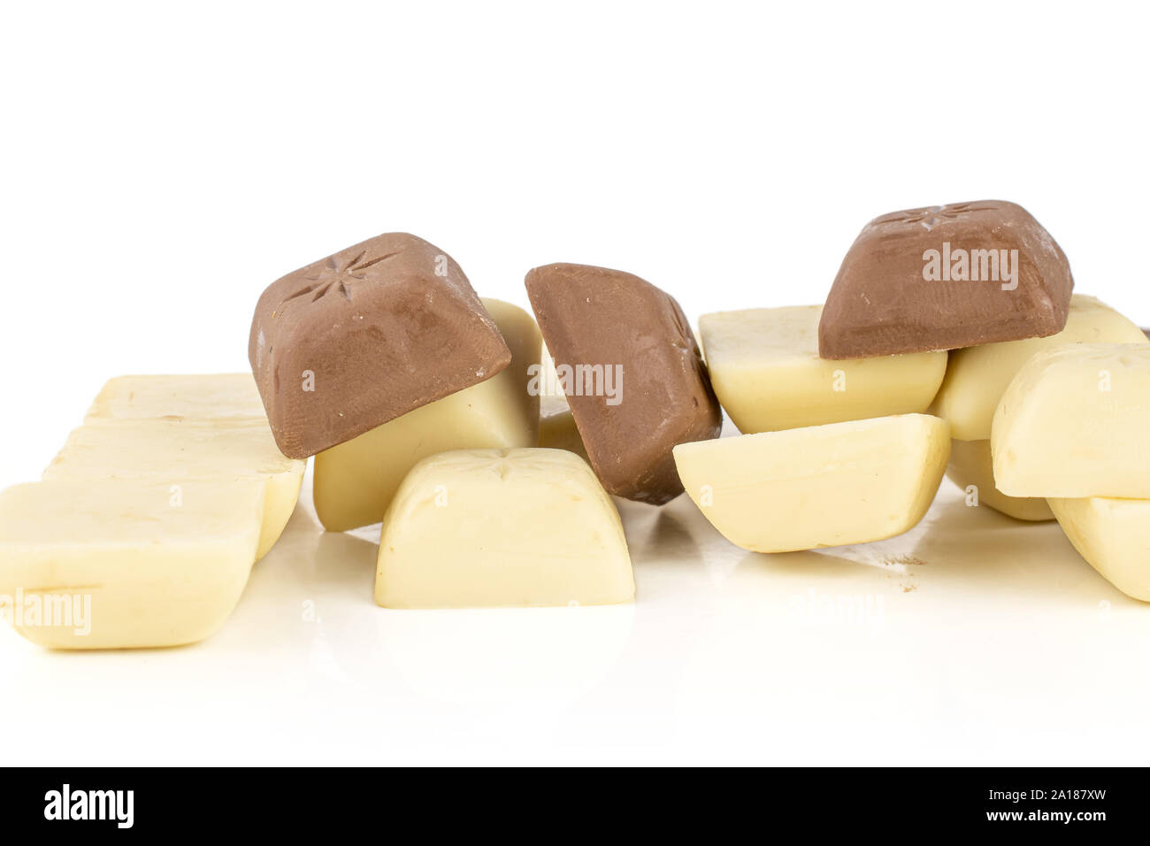 Lot of whole fresh chocolate piece heap isolated on white background ...