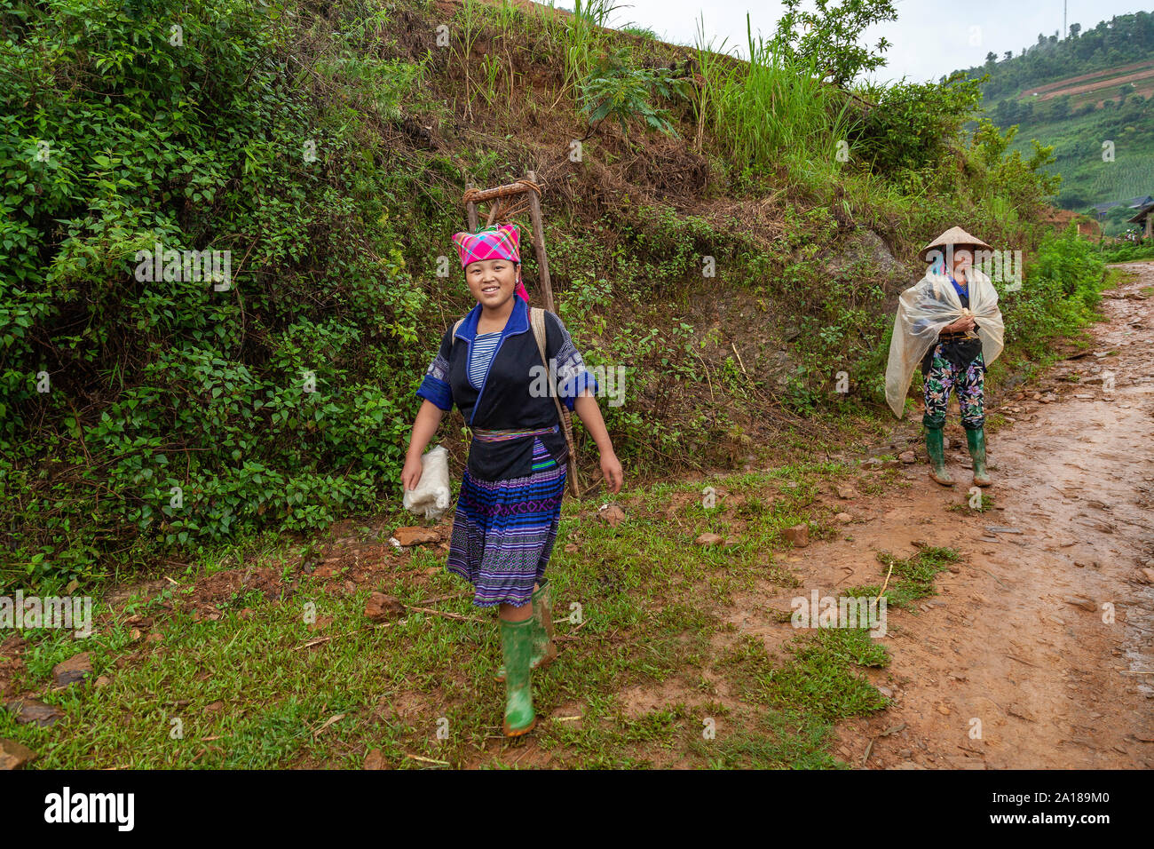 Hmong woman walking on a mountain path in Mu Cang Chai area, Yen Bai ...