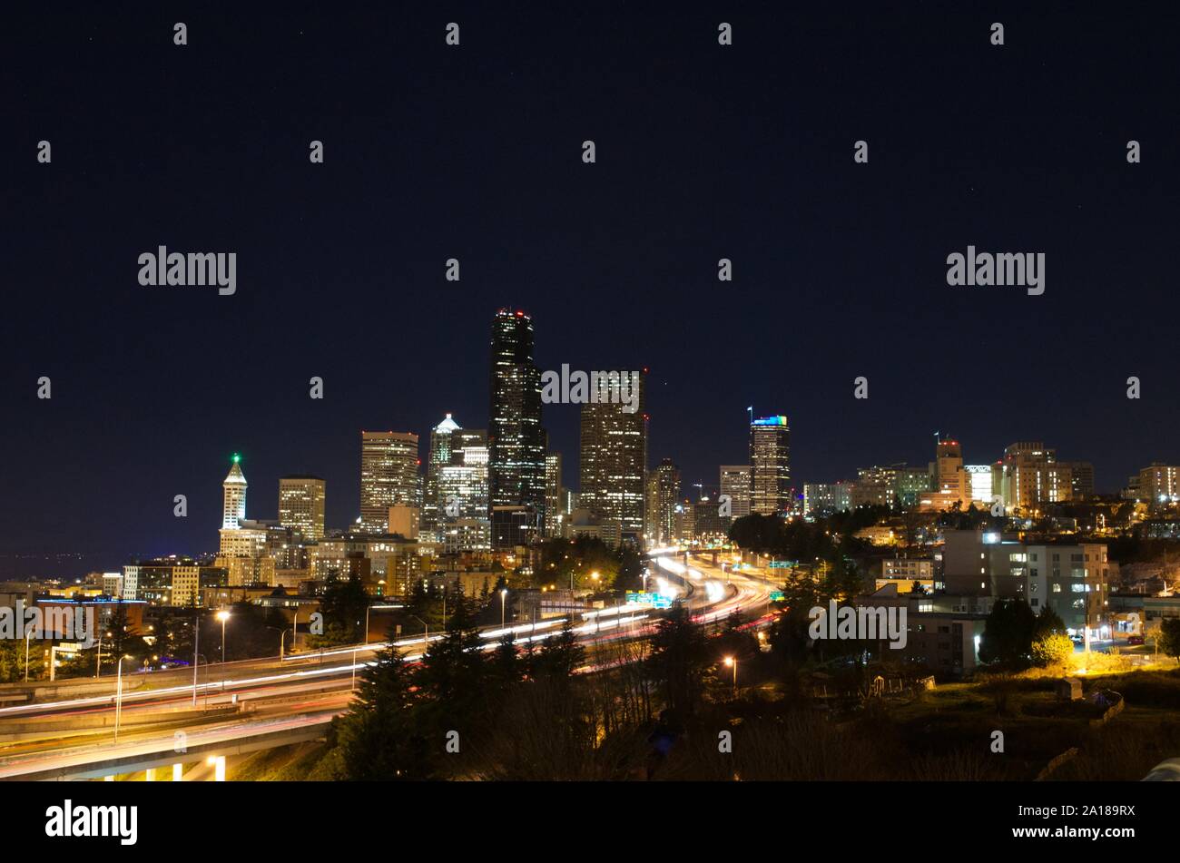 Seattle Skyline At Night Stock Photo - Alamy