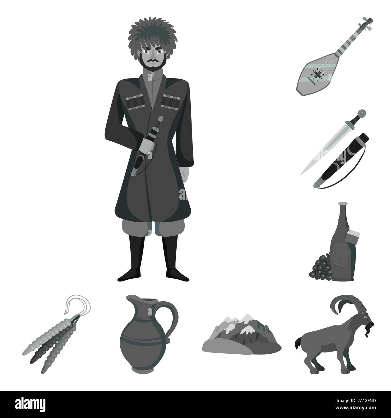 Vector illustration of attributes and tourism sign. Set of attributes ...