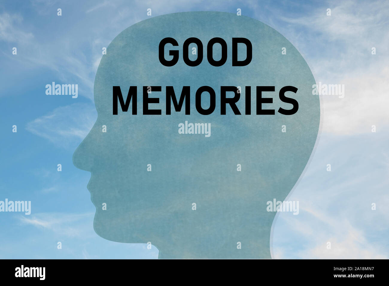 Render illustration of GOOD MEMORIES title on head silhouette, with ...