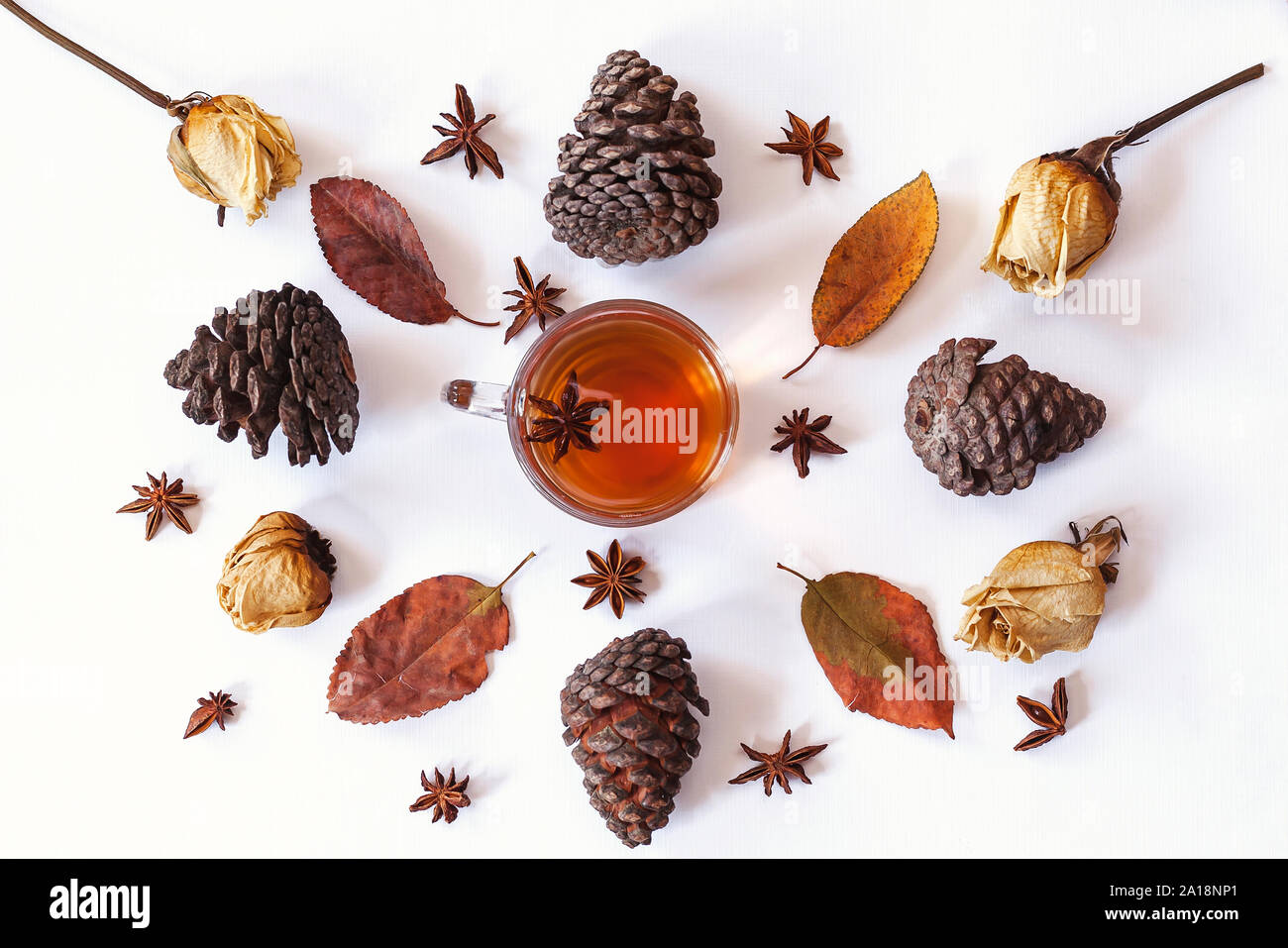 Autumn composition on white background. A cup of tea, fall leaves, dry ...