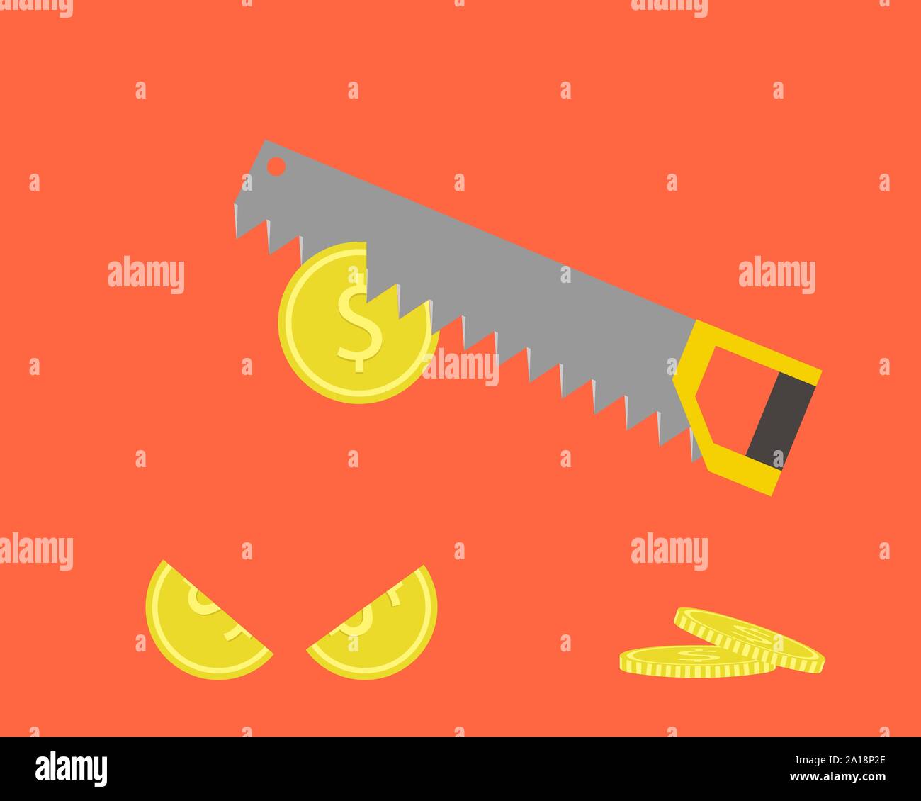 Financial crisis. Saw cuts a bank coin in half. Vector illustration ...