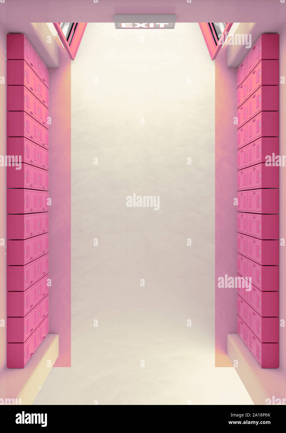 A direct top view down a well lit clean schools hallway of bright pink ...