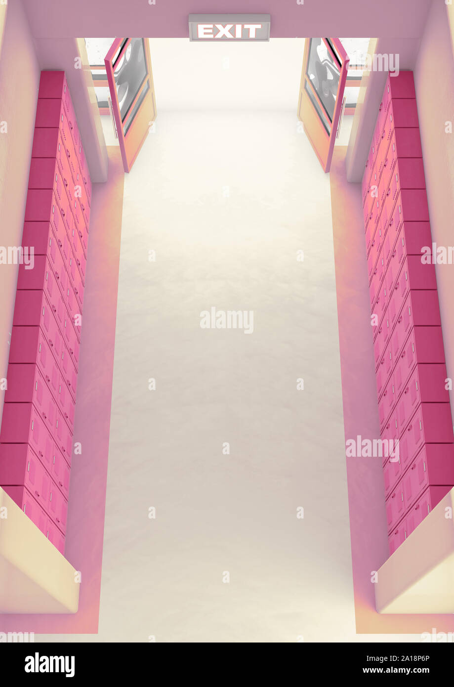 A direct top view down a well lit clean schools hallway of bright pink ...