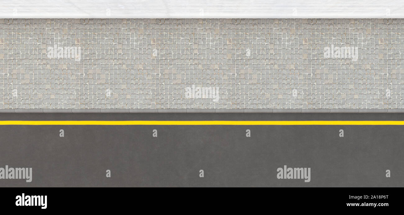 A flat front view of a section of raised sidewalk and street on a plain ...