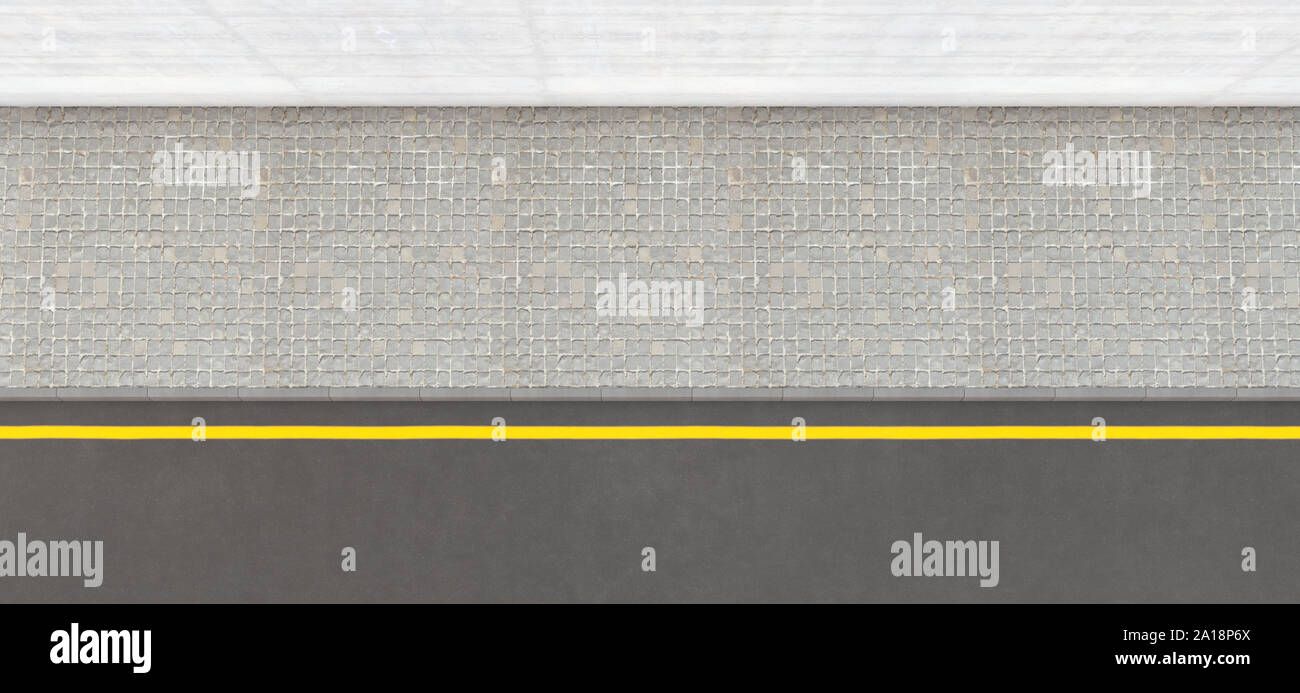 A flat front view of a section of raised sidewalk and street on a plain ...