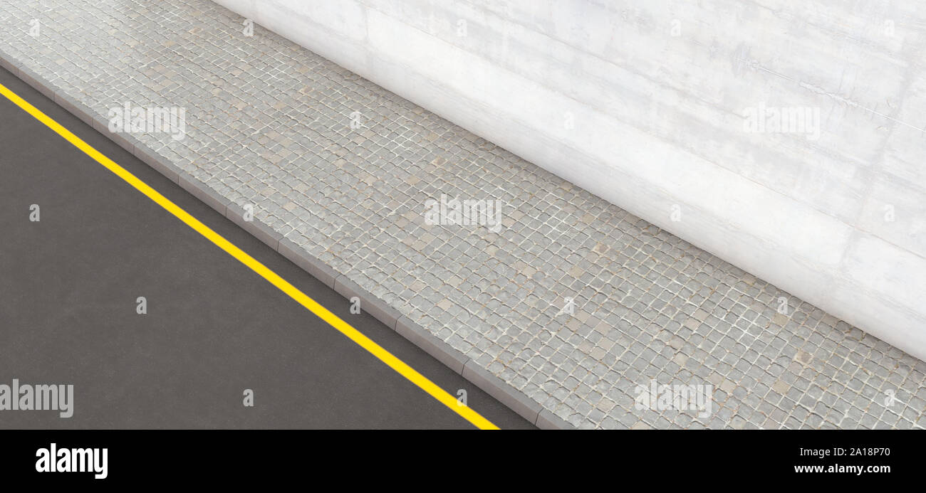 A flat front view of a section of raised sidewalk and street on a plain ...