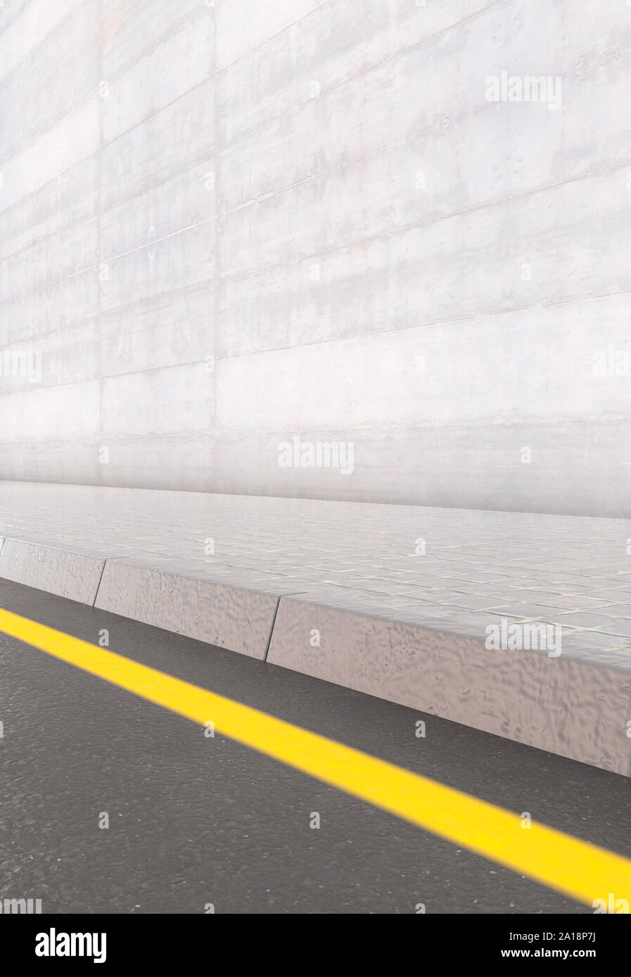 A flat front view of a section of raised sidewalk and street on a plain ...