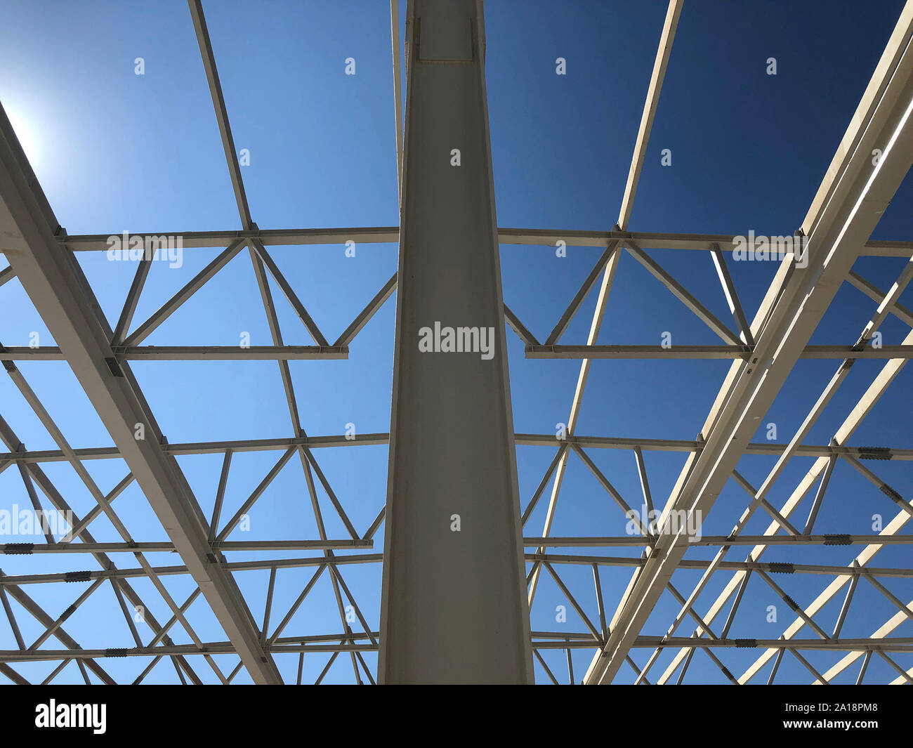 Truss ceiling and metal pillars and girders. Support constructions ...