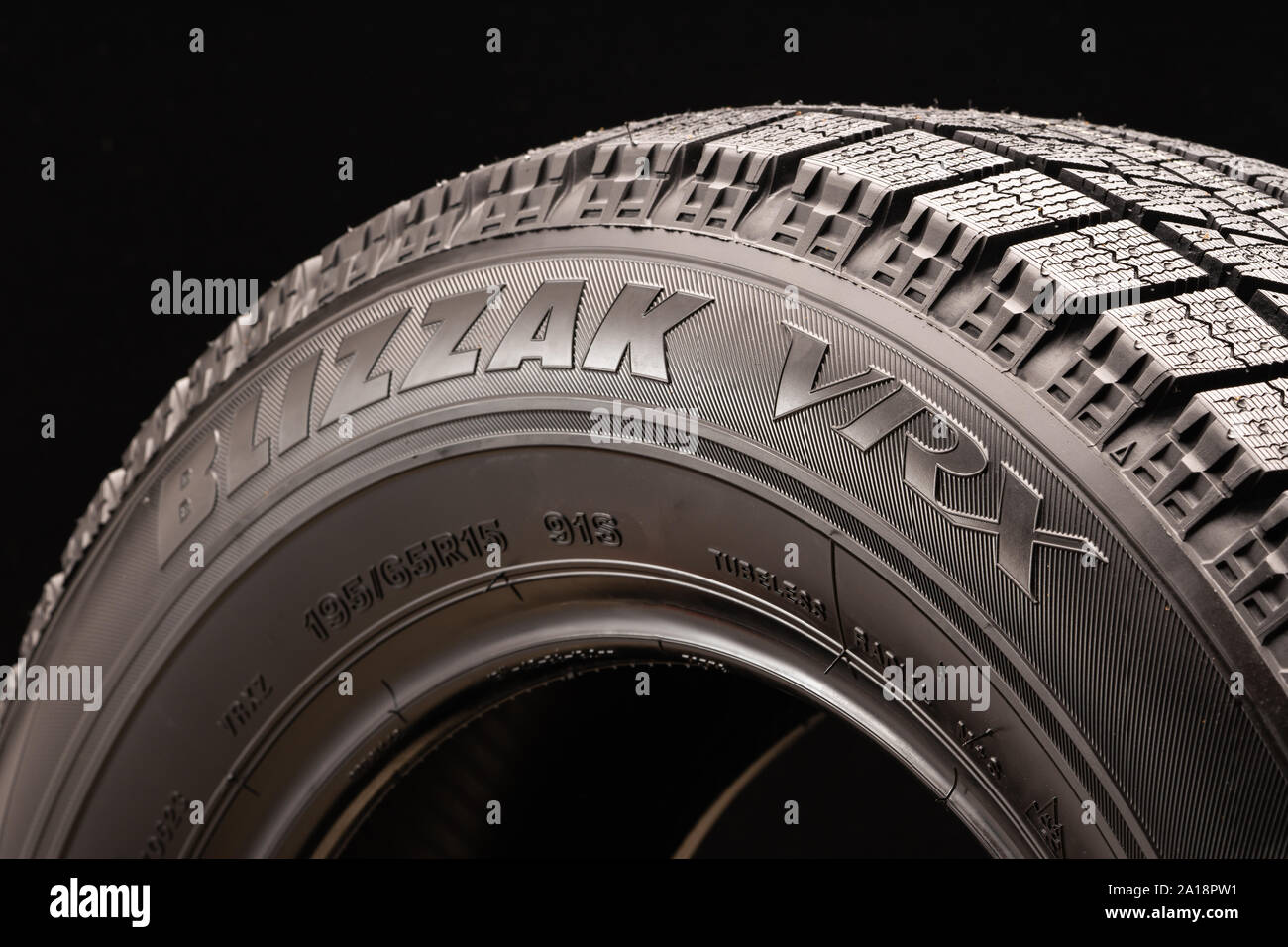 Krasnoyarsk, Russia, September 25, 2019: Blizzak VRX Logo close-up on ...