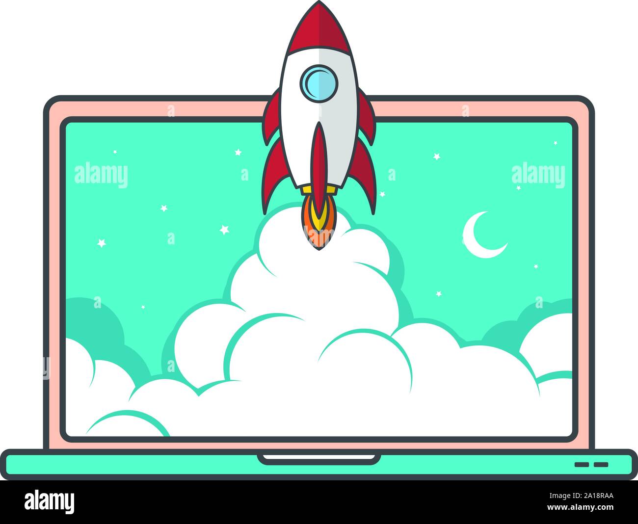 notebook laptop boost start up space rocket shuttle theme vector Stock ...