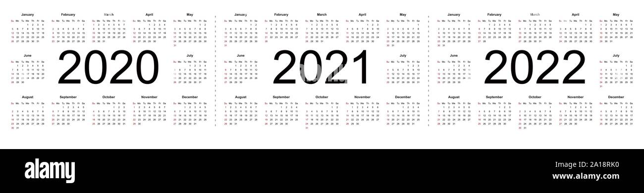 Simple calendar Layout for 2020, 2021 and 2022 years. Week starts from ...