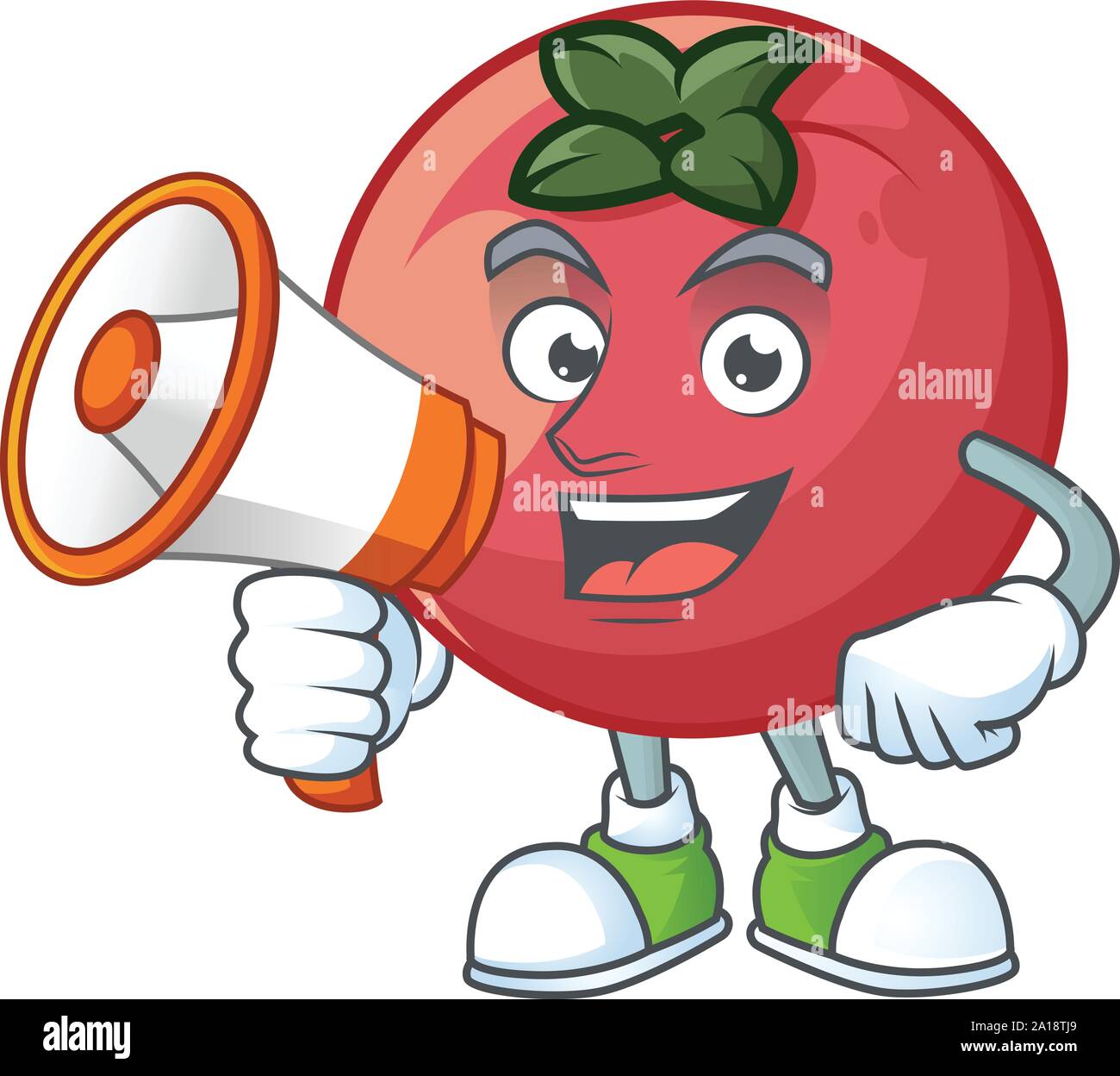 With megaphone red apple cartoon mascot, character cute vector ...