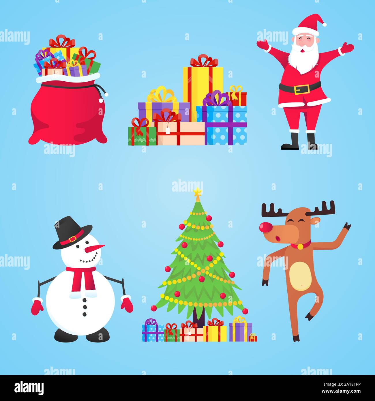 Santa Claus, gift bags with gifts, snowman, christmas tree, reindeer ...