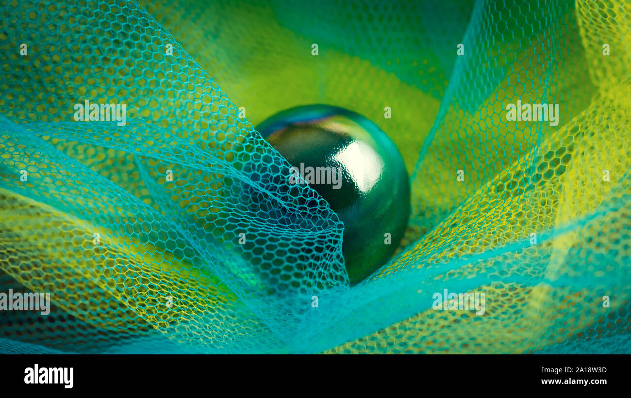 Dark green glass sphere in the yellow and blue plastic fishnets ...