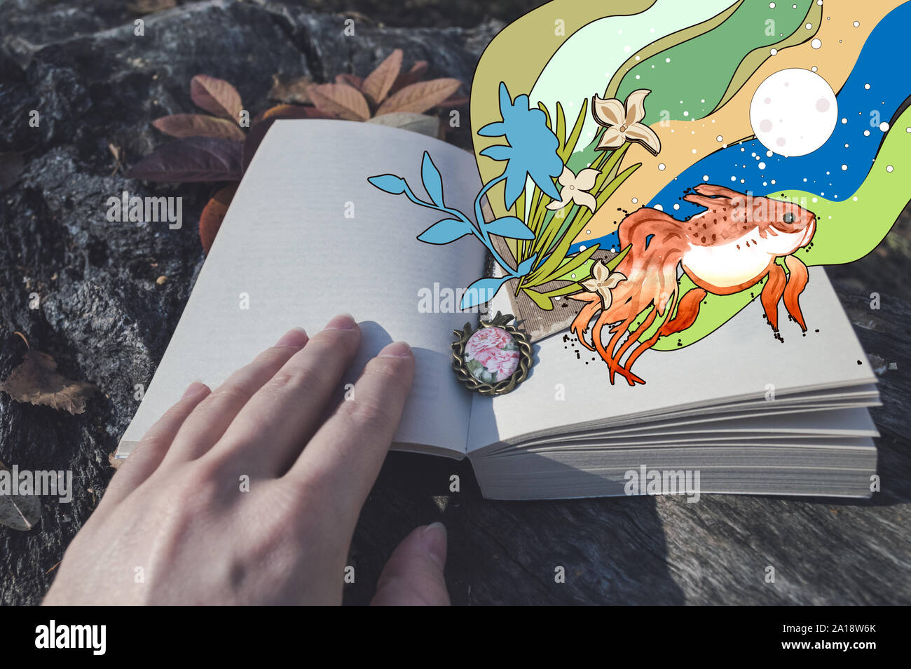 concept of reading a book with images flowing from it Stock Photo - Alamy