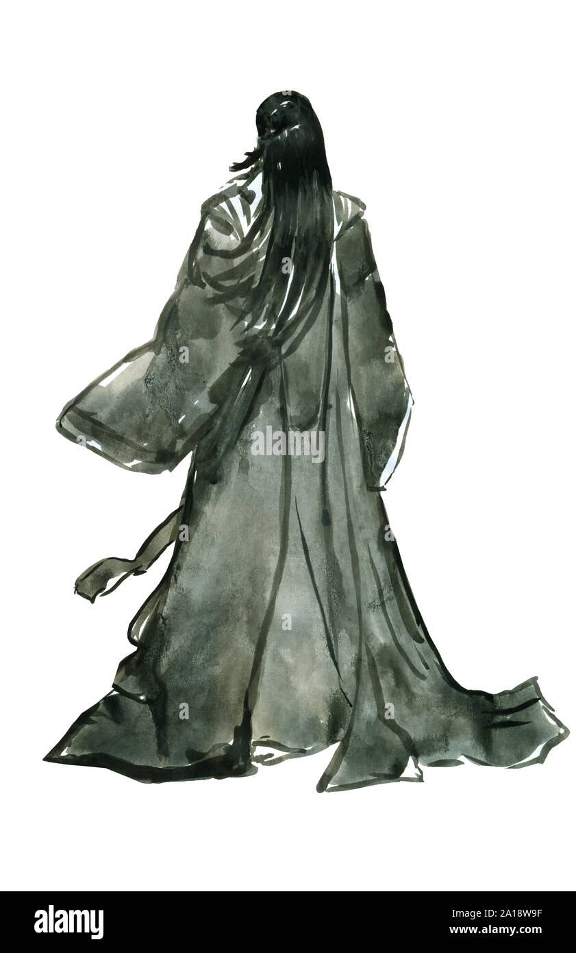 Chinese painting of noble man from behind isolated on white background ...