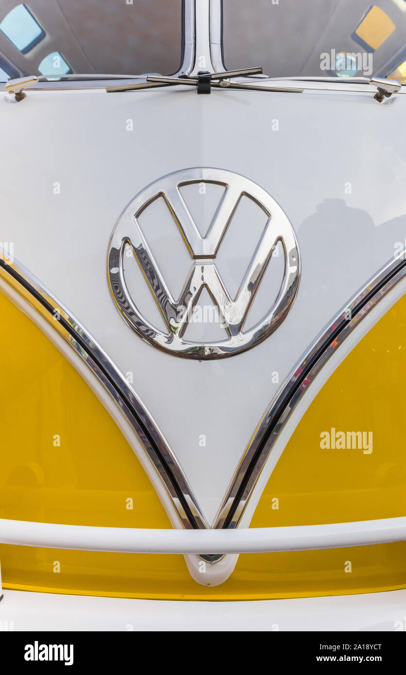Front of a shiny classic yellow Volkswagen at the Kieler Woche festival ...