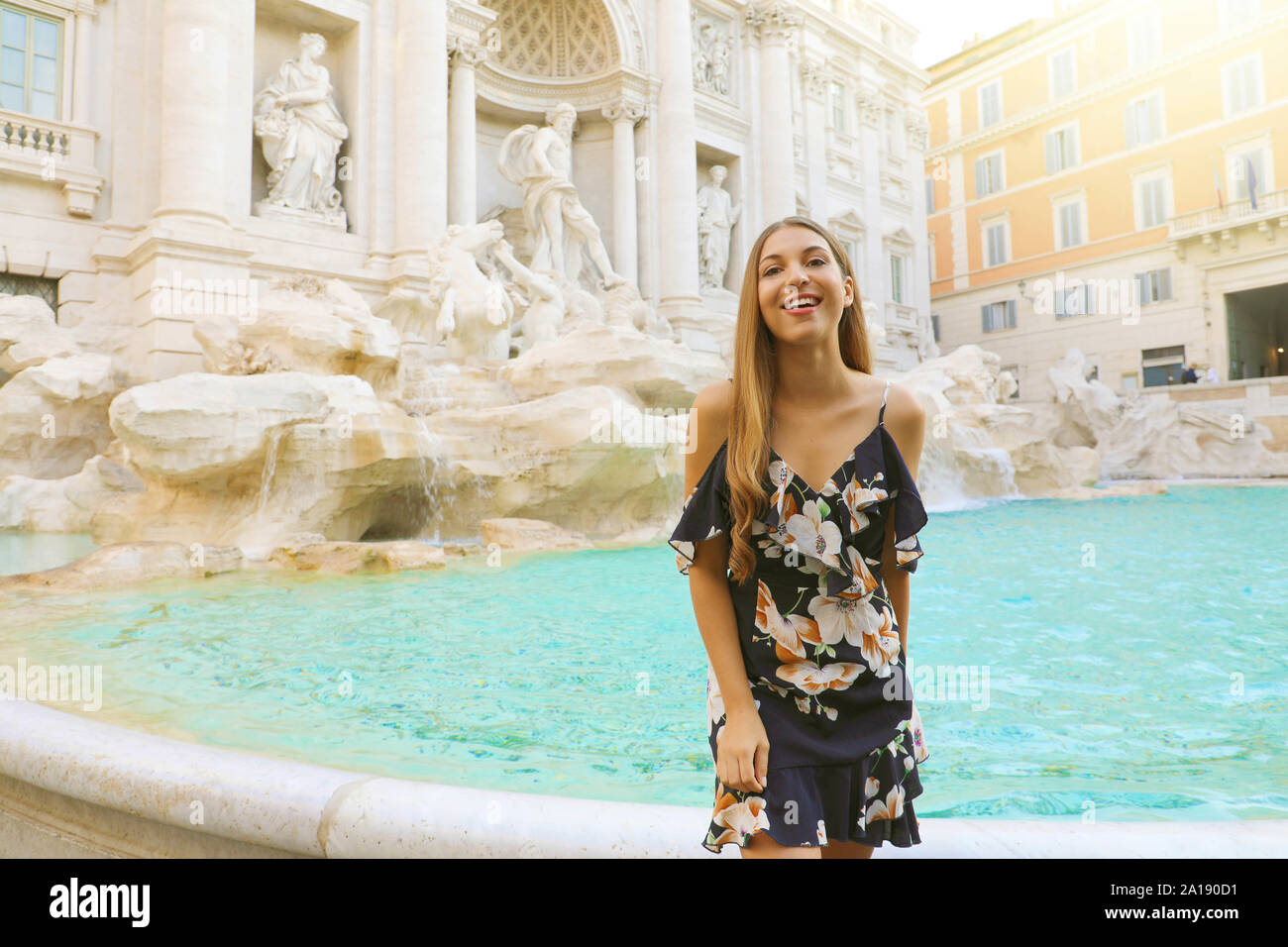 Happy young beautiful woman in Rome with Trevi Fountain. Holiday in ...