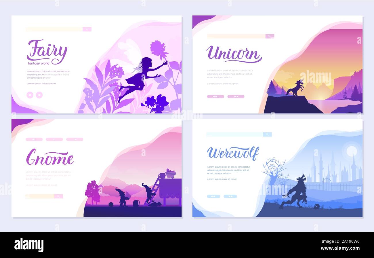 Set of diverse fantasy worlds. Fantasy creatures from old myths and ...