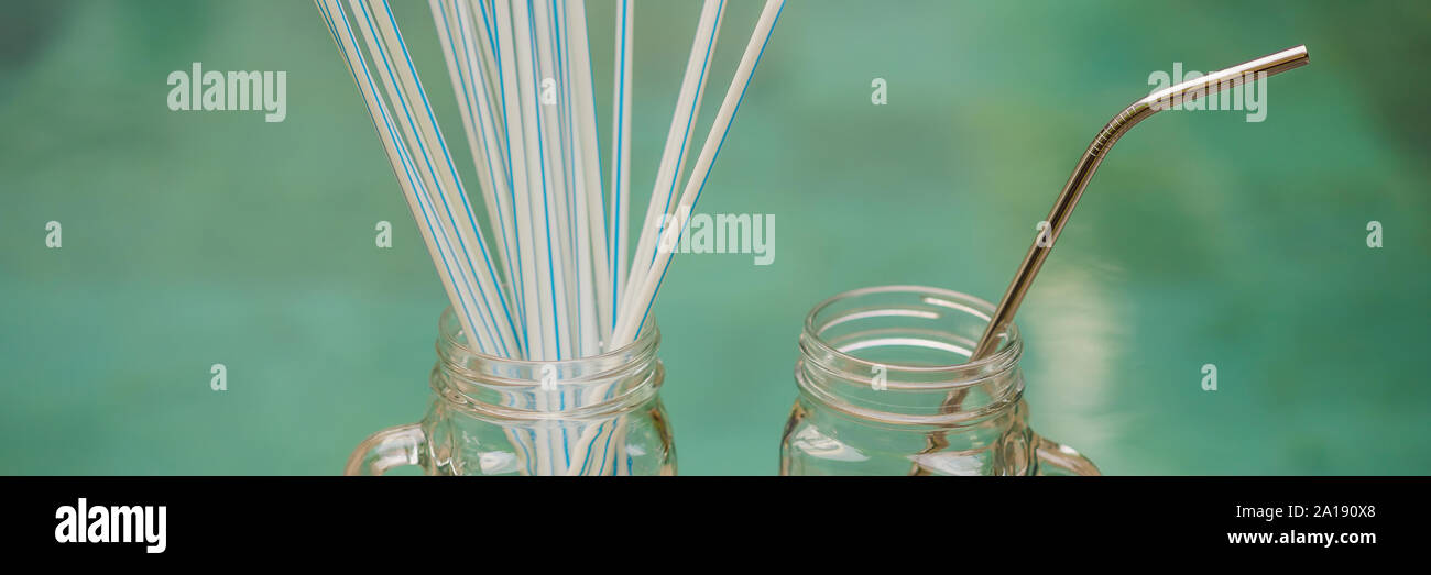 Steel drinking vs disposable straws on pool background. Zero waste ...