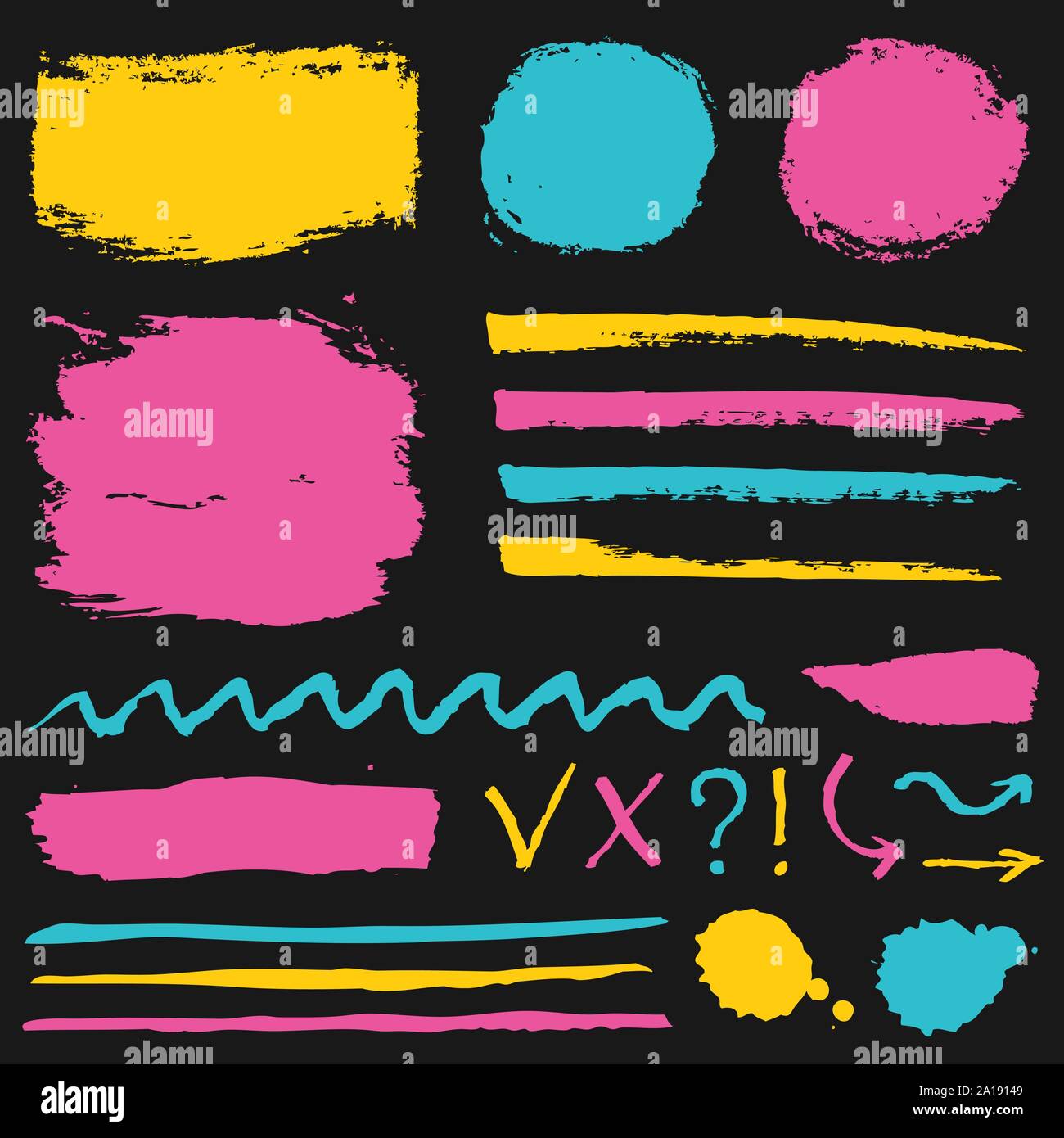 Paint brush strokes, grunge stains and symbols isolated on black ...