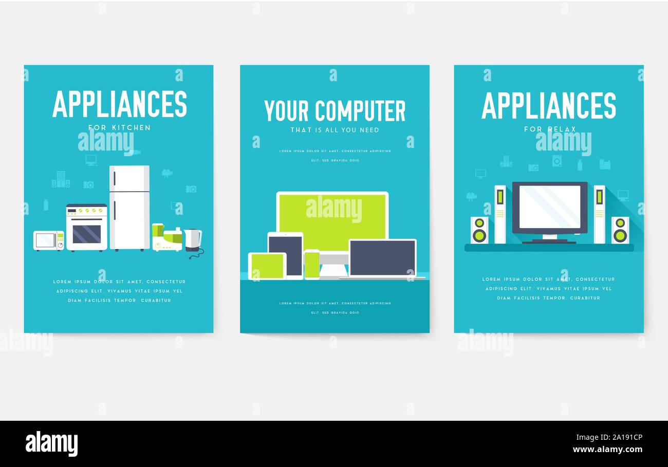 Home appliances cards set. Electronics template of flyear, magazines ...