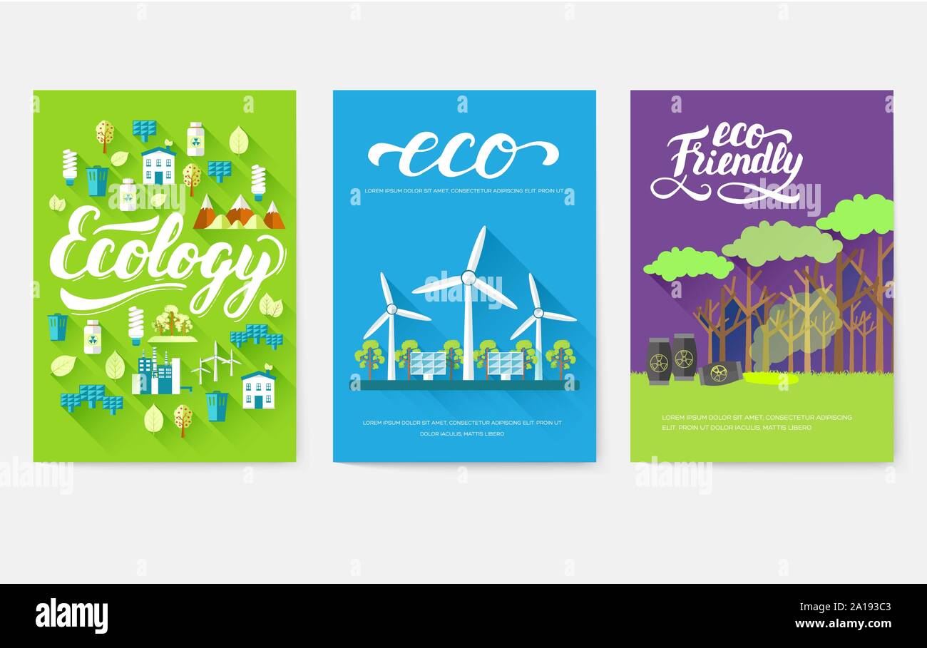 Ecology information cards set. Ecological template of flyear, magazines ...
