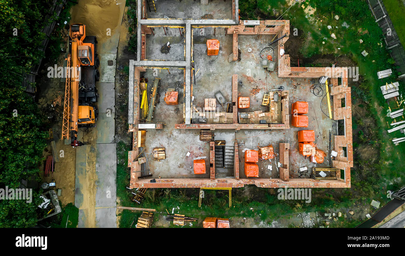 construction site of a residential building top view from the drone ...