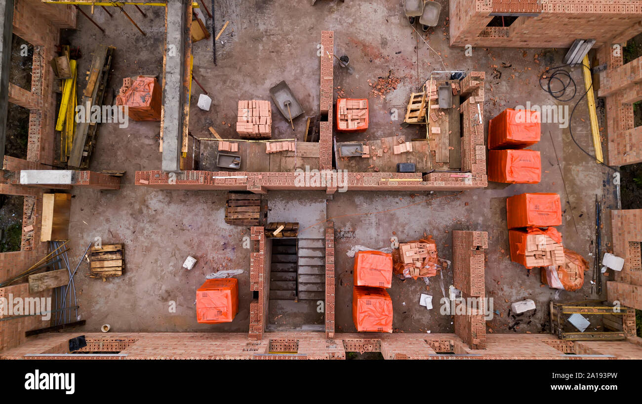 construction site of a residential building top view from the drone ...