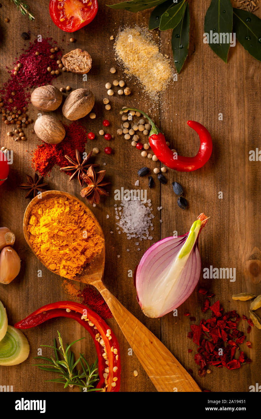 Different spices and seasoning top view Stock Photo - Alamy