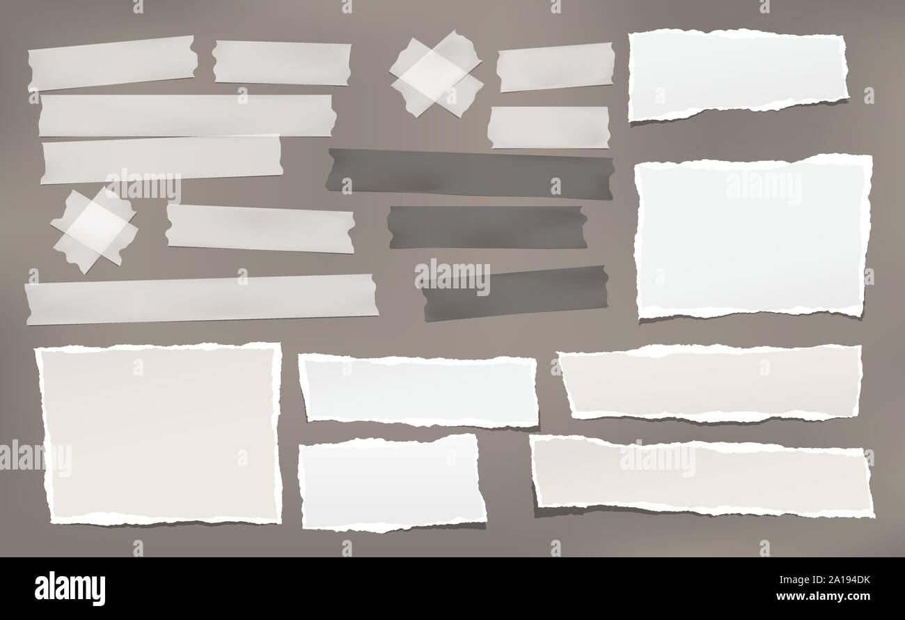 Torn white note, notebook paper pieces and adhesive sticky tape stuck ...