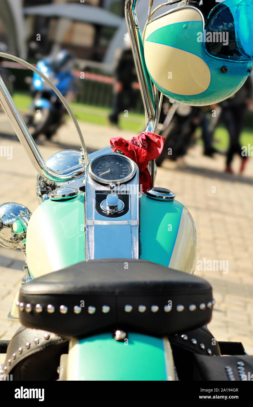 Stylish vintage motorcycle with a matching helmet, dashboard view Stock ...