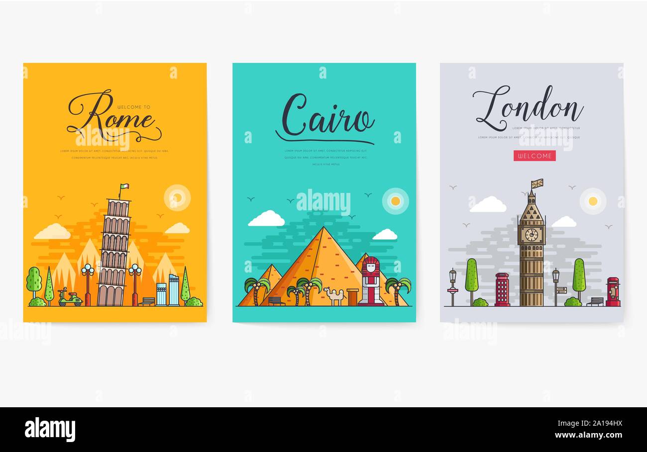Set of different cities for travel destinations. landmarks banner ...