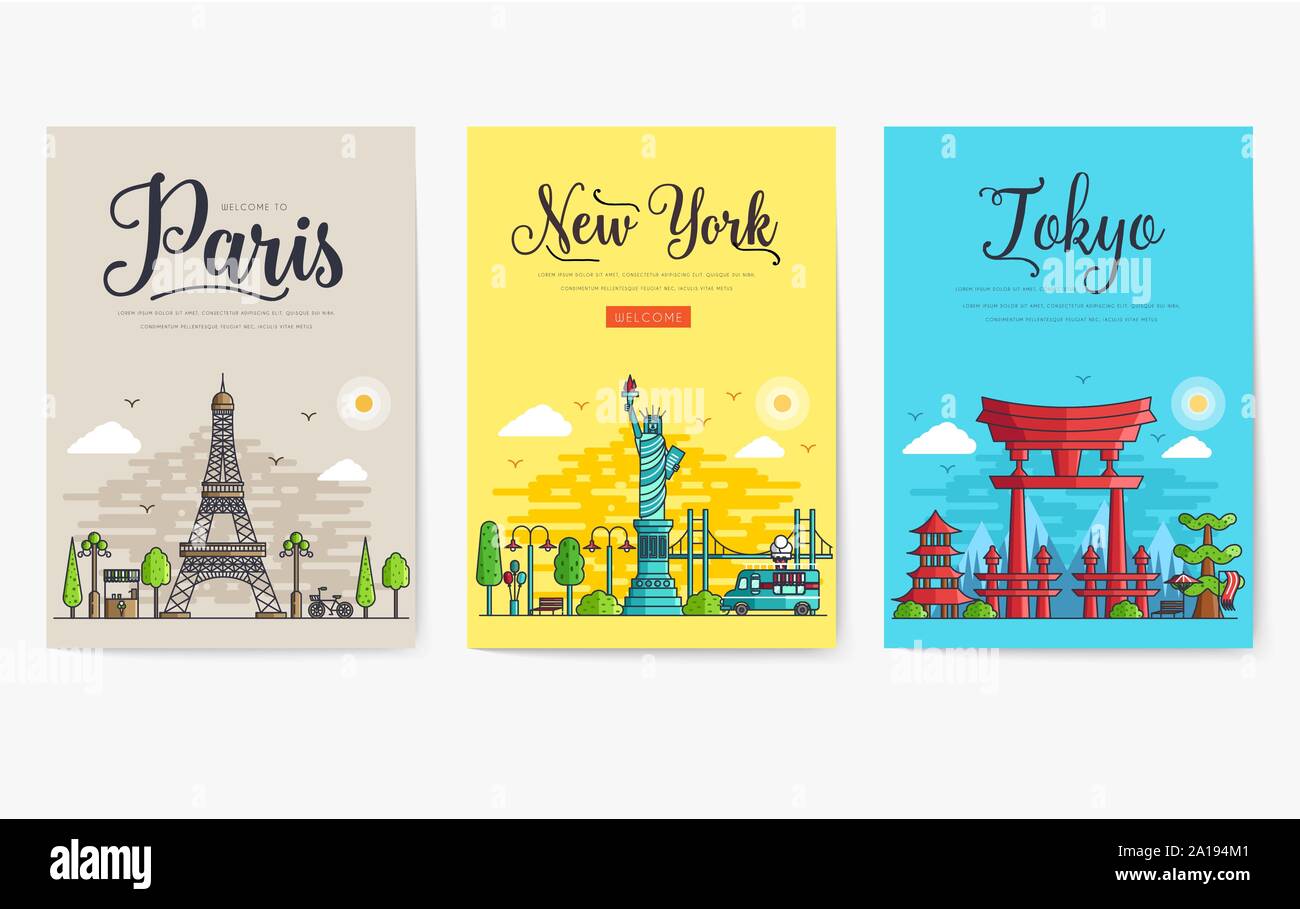 Set of different cities for travel destinations. landmarks banner ...