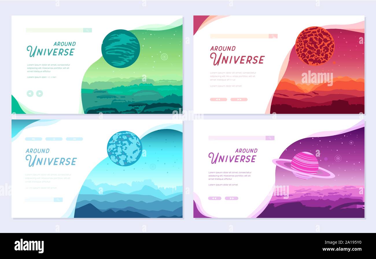 Set of colorful covers with different planets and Around Universe ...