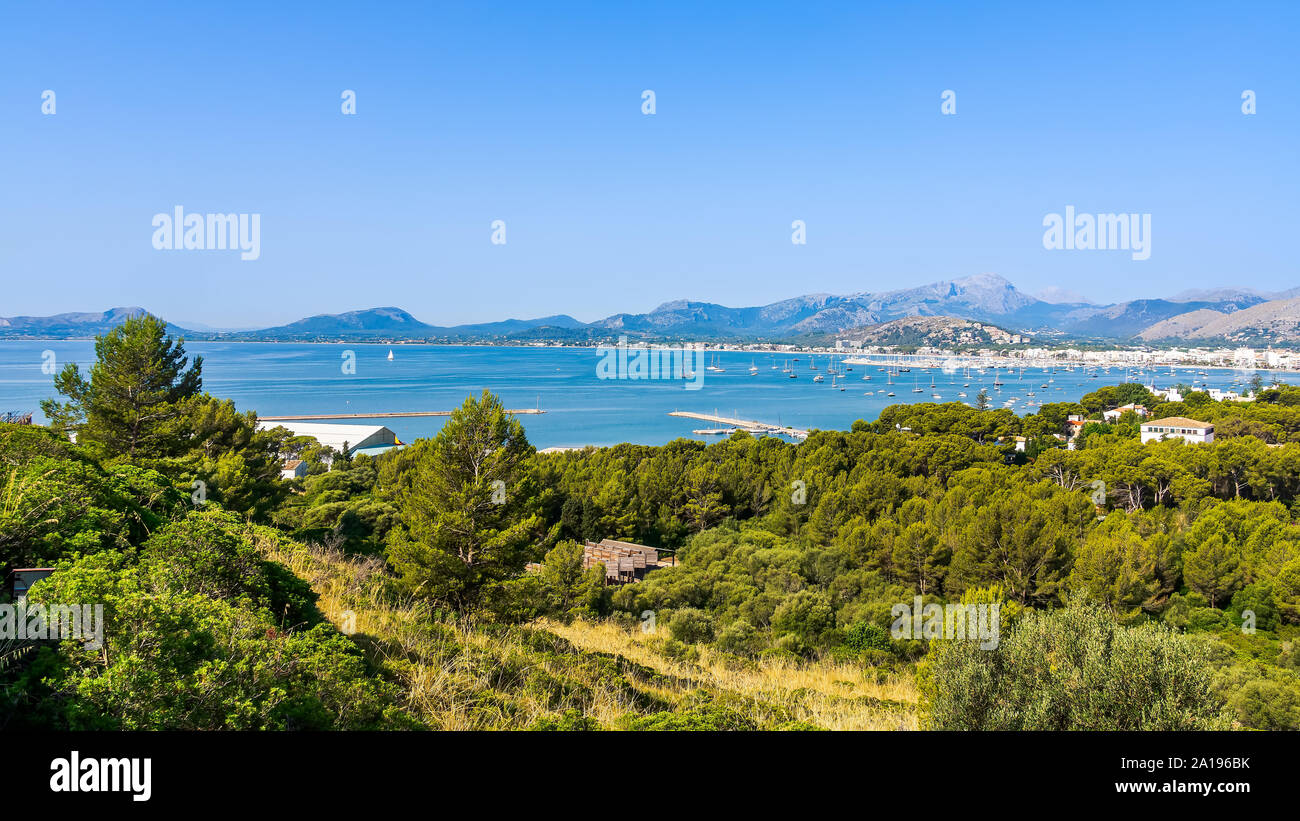 Aerial and panoramic view of the bay with port and historical centre of ...