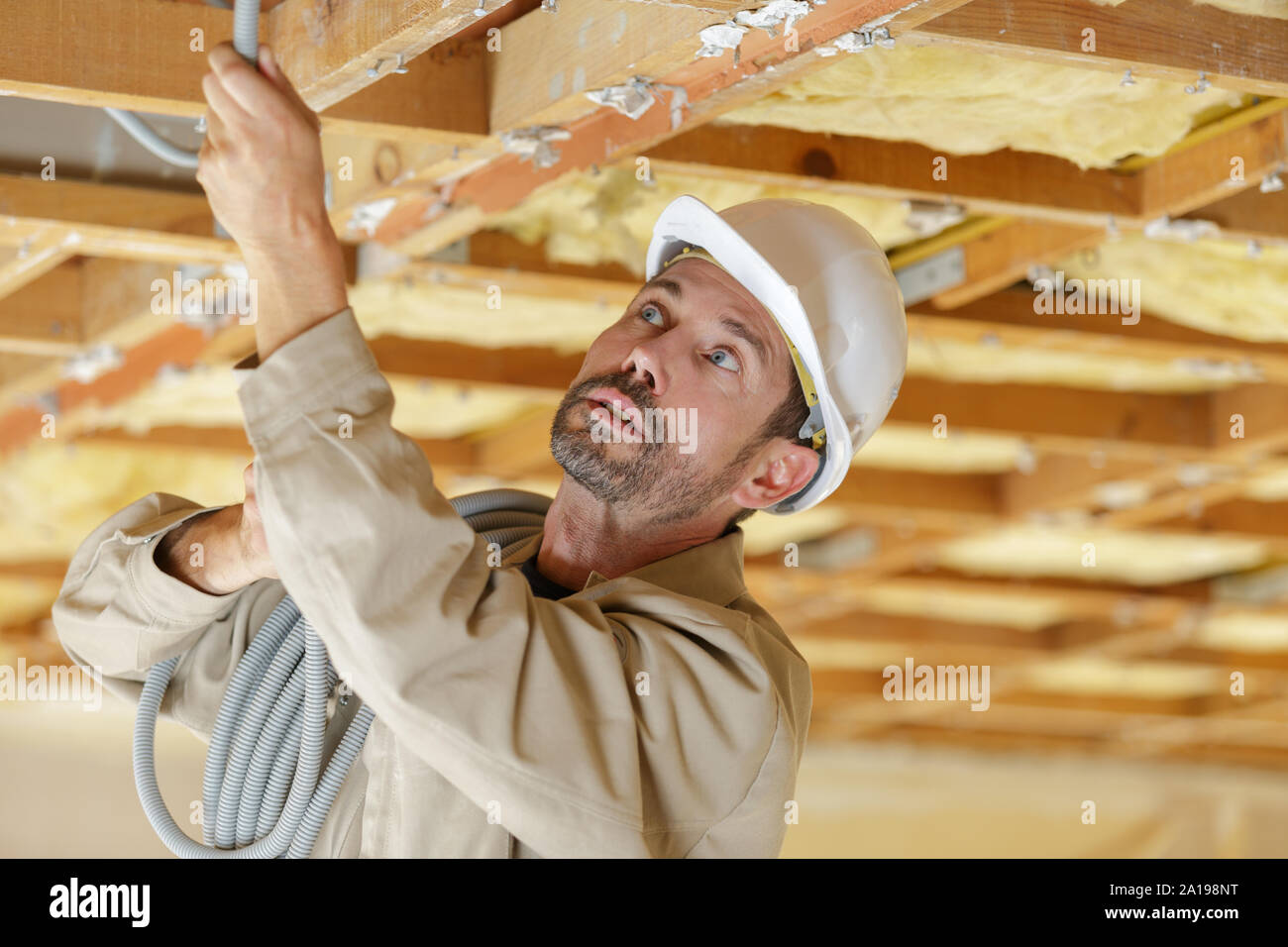 professional builder installing new cables into roof Stock Photo - Alamy