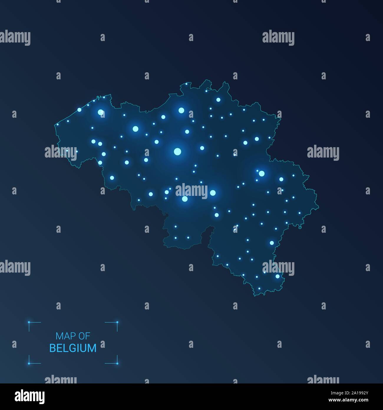Belgium map with cities. Luminous dots - neon lights on dark background ...