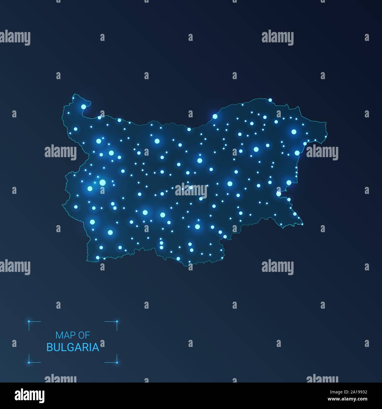 Bulgaria map with cities. Luminous dots - neon lights on dark ...