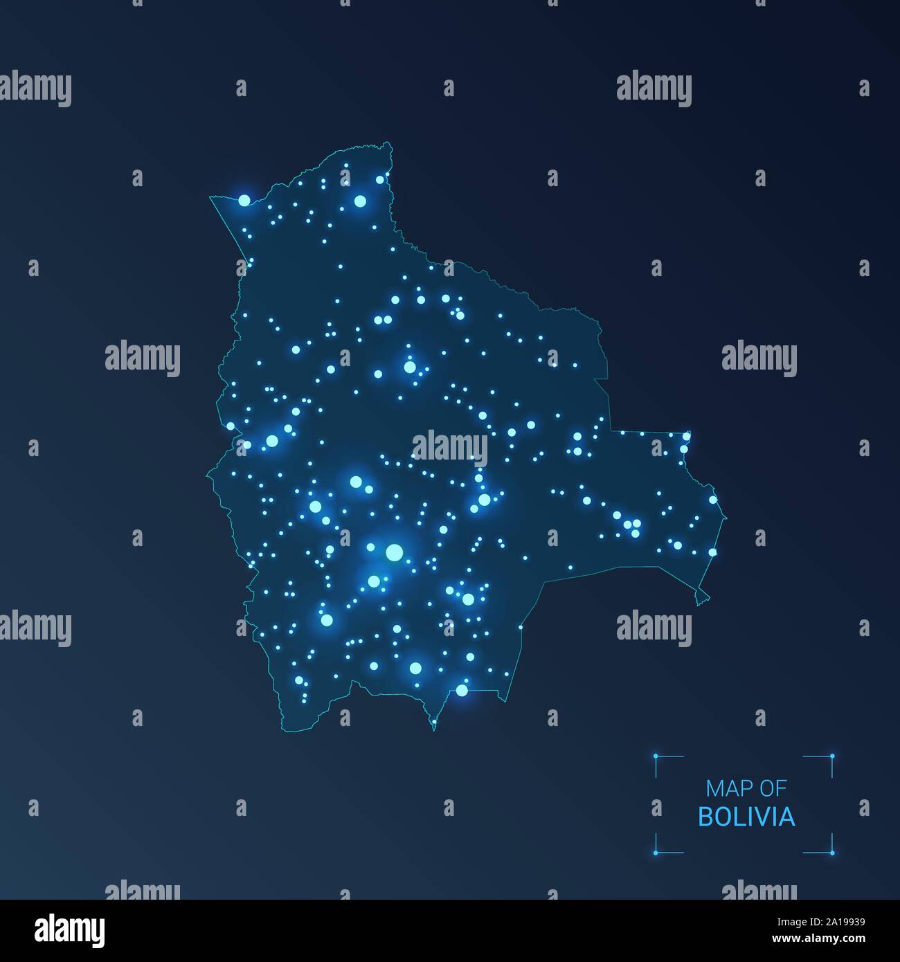 Bolivia map with cities. Luminous dots - neon lights on dark background ...